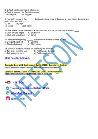 Computer Mouse Questions and Answers MCQ | PDF