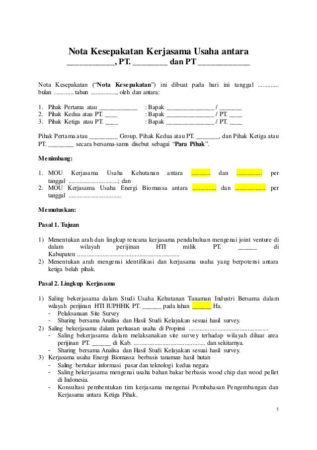 Contoh Nota Kesepakatan Kerjasama Usaha Terbaru (Beli Perjanjian, Hub ...
