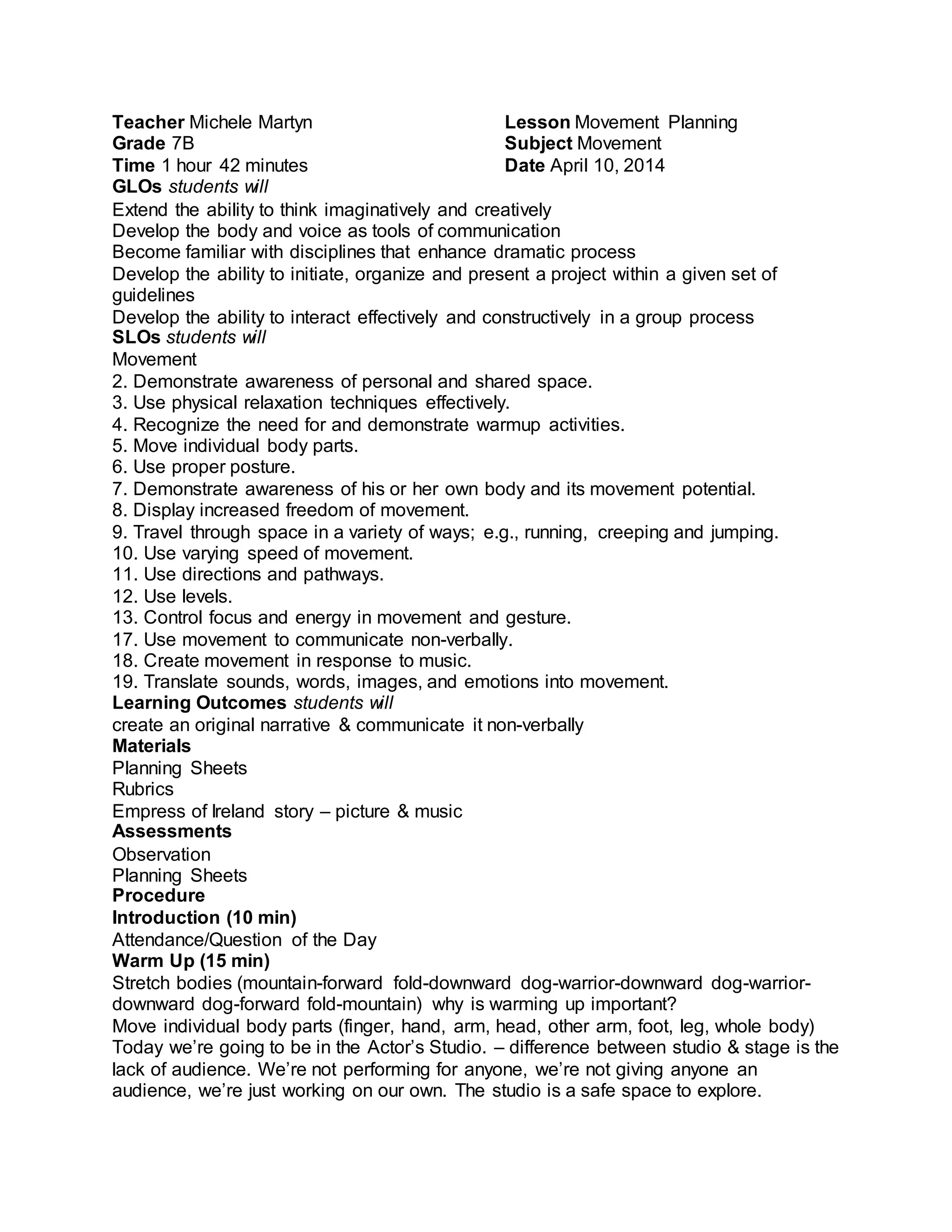 Grade 7 Movement Unit (Drama) | DOCX