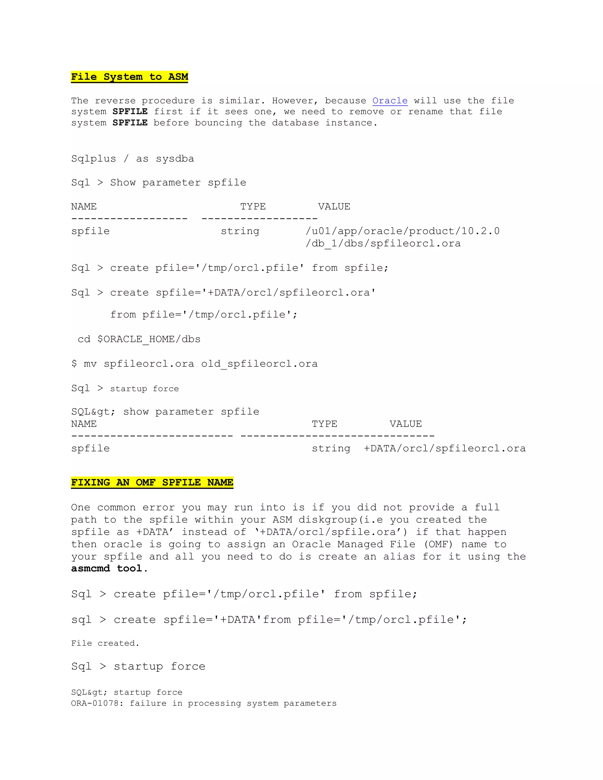 Move spfile from asm to file system | PDF