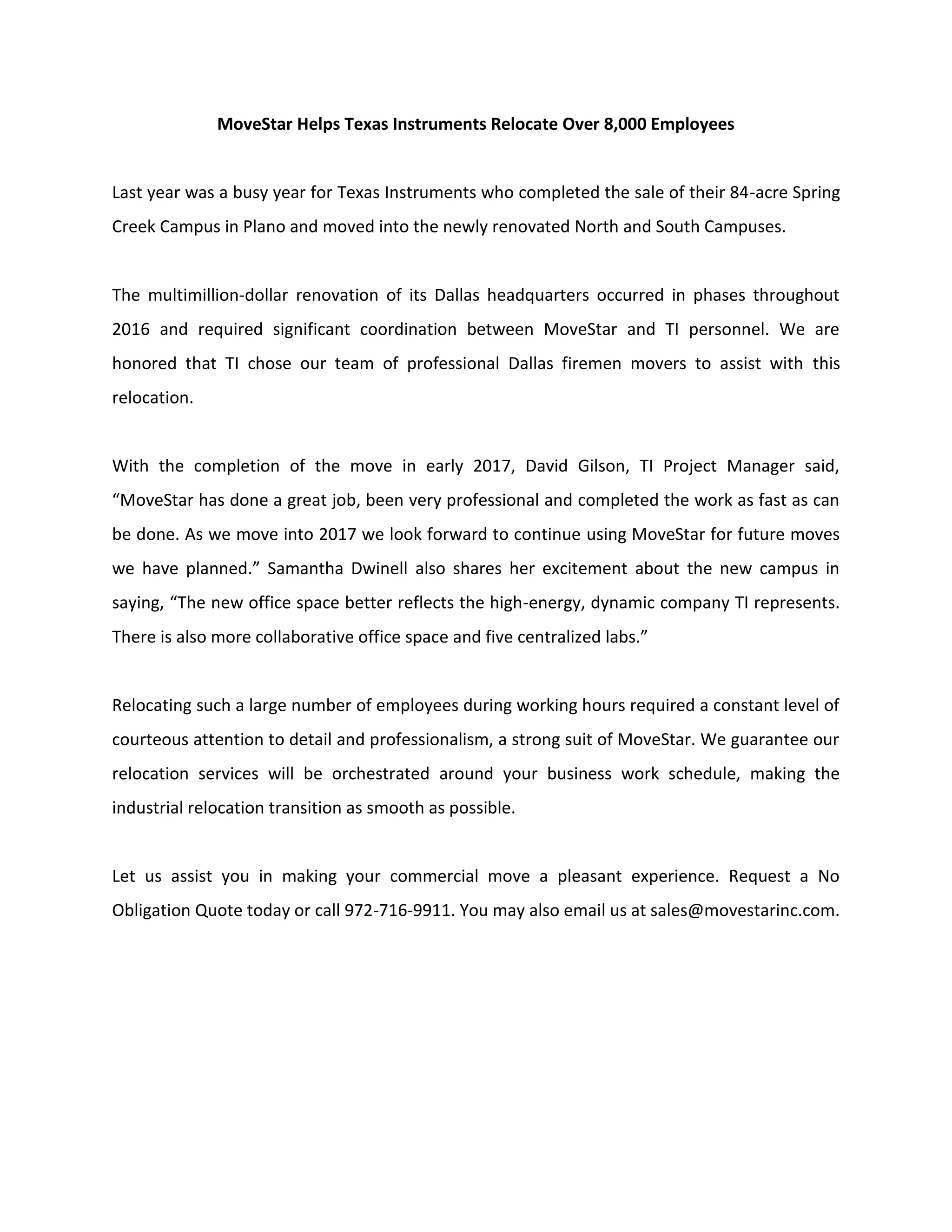 MoveStar Helps Texas Instruments Relocate Over 8,000 Employees | PDF