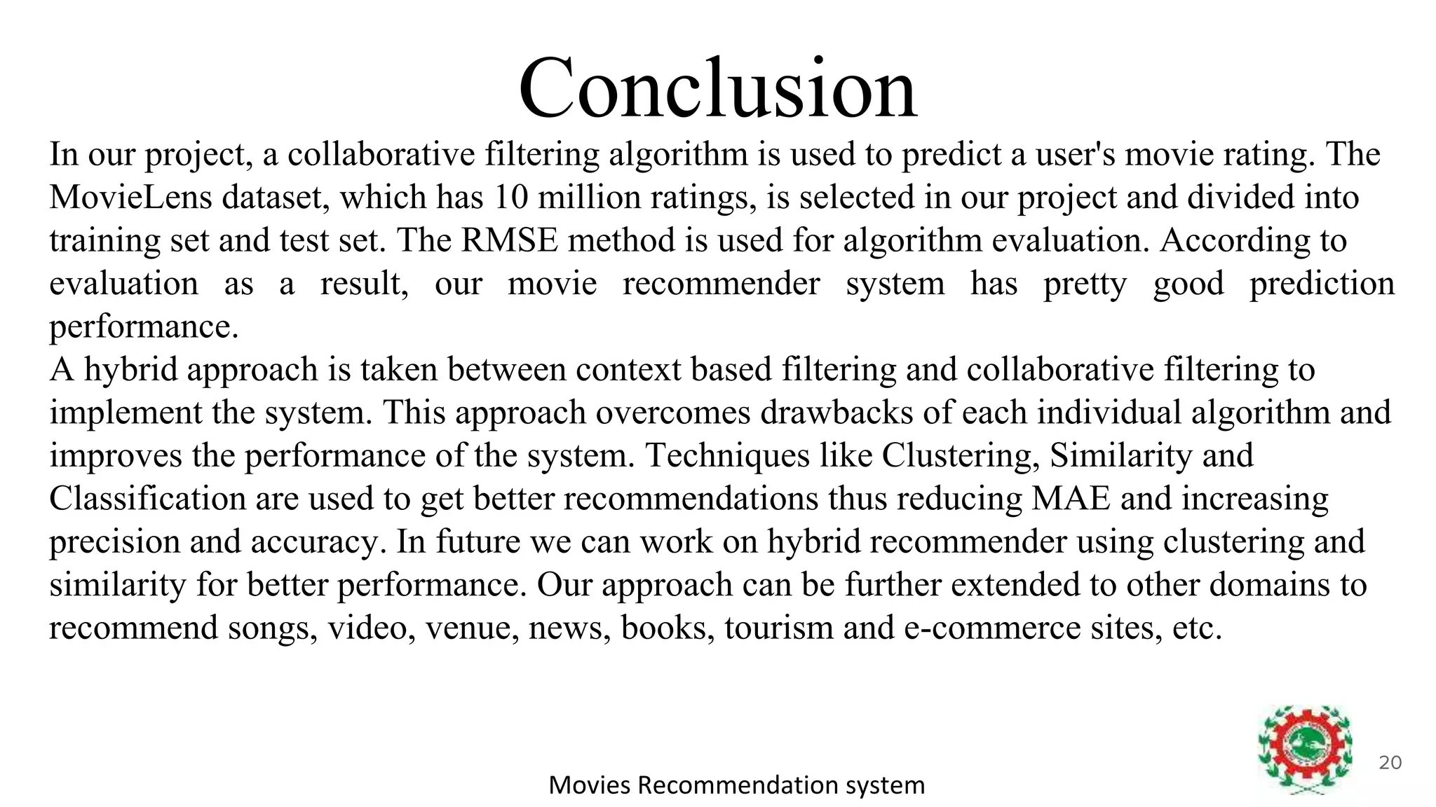 Movie recommendation system using collaborative filtering system | PPTX