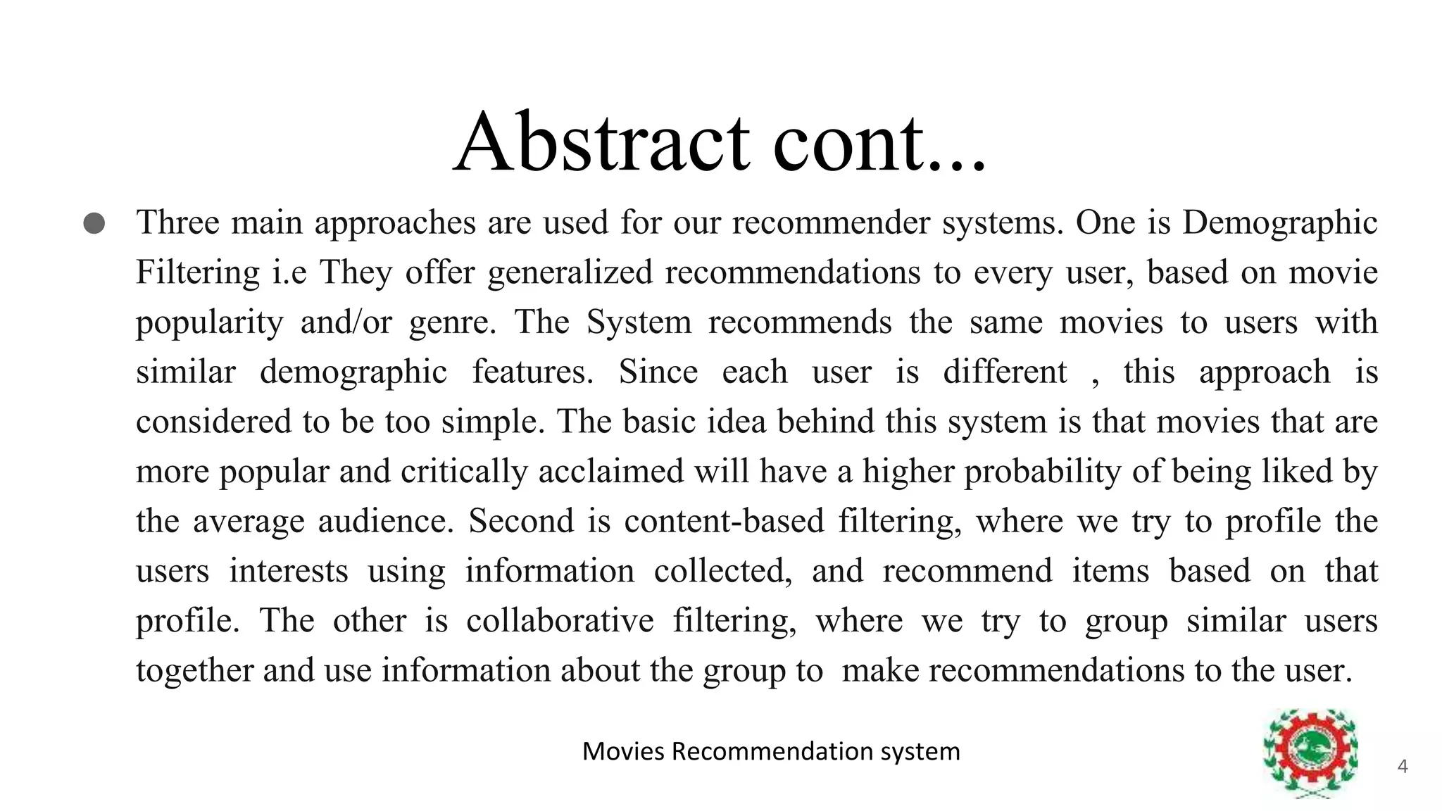 Movie recommendation system using collaborative filtering system | PPTX
