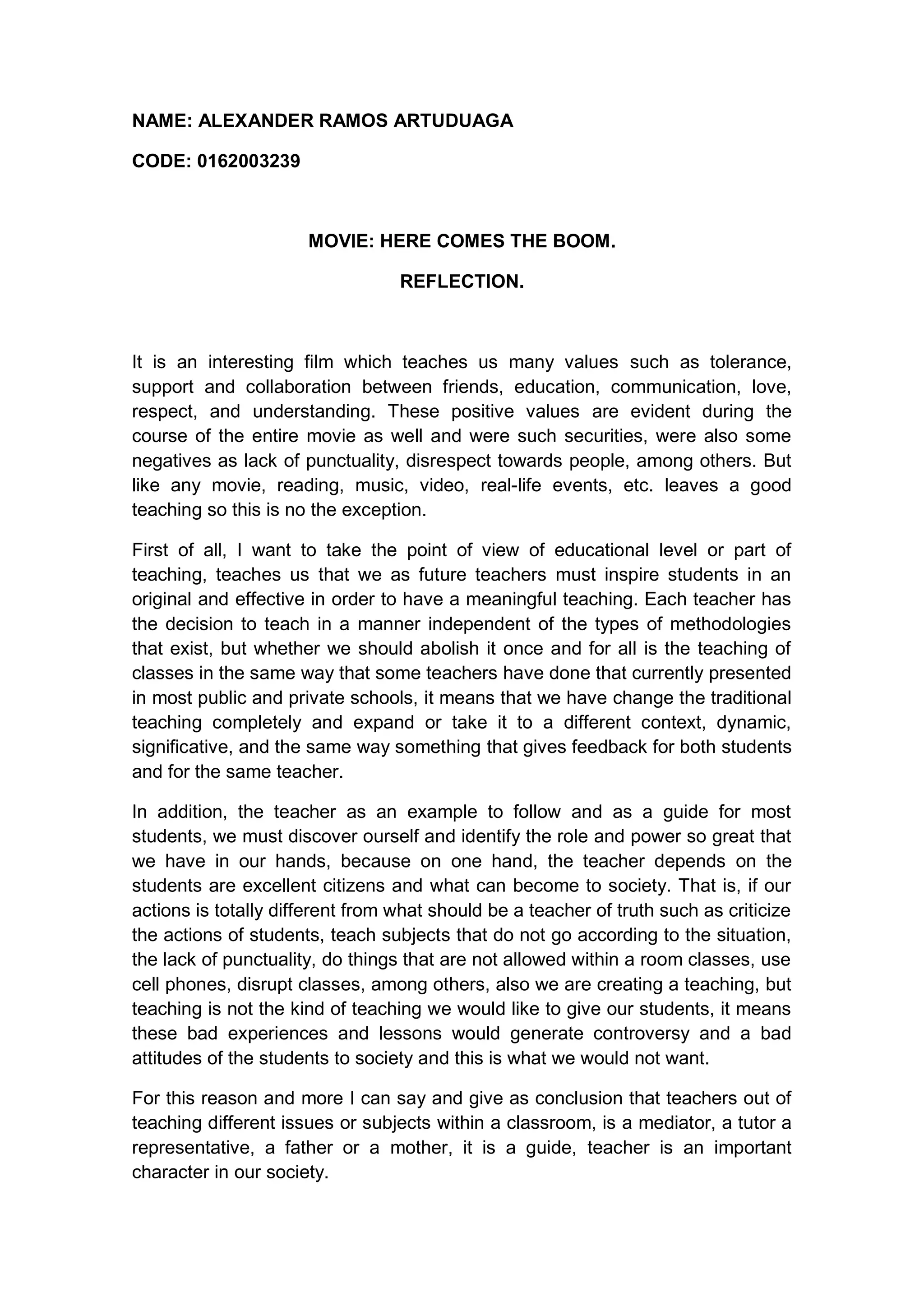 Movie: Here Comes the Boom - Reflection | PDF