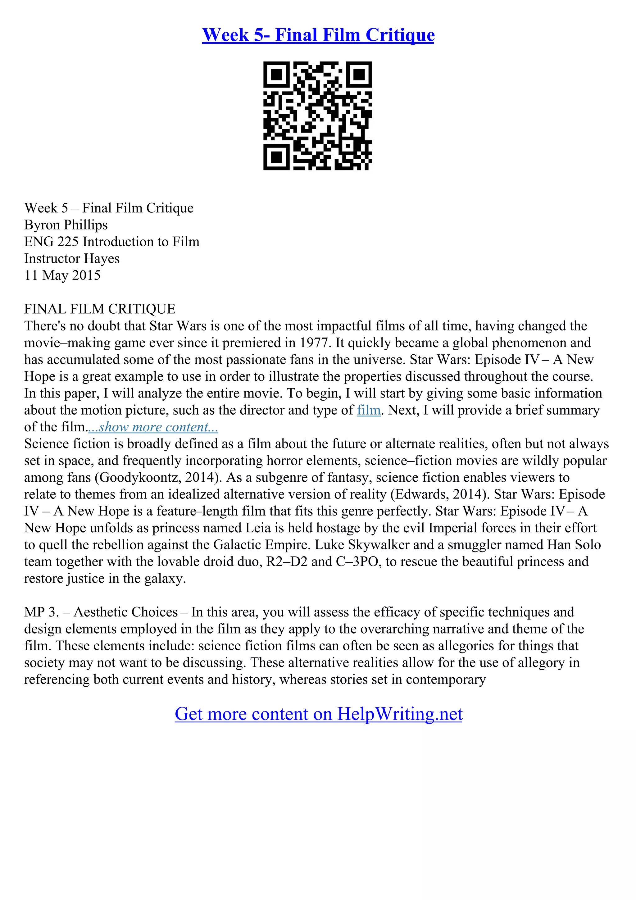 Movie Critique Essay | PDF