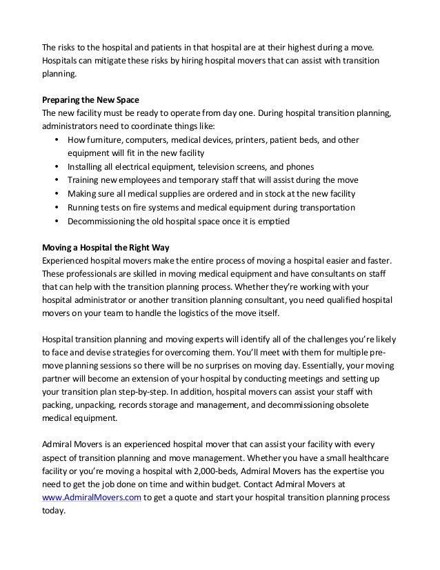 Moving a Hospital: Transition Planning and the Relocation Process