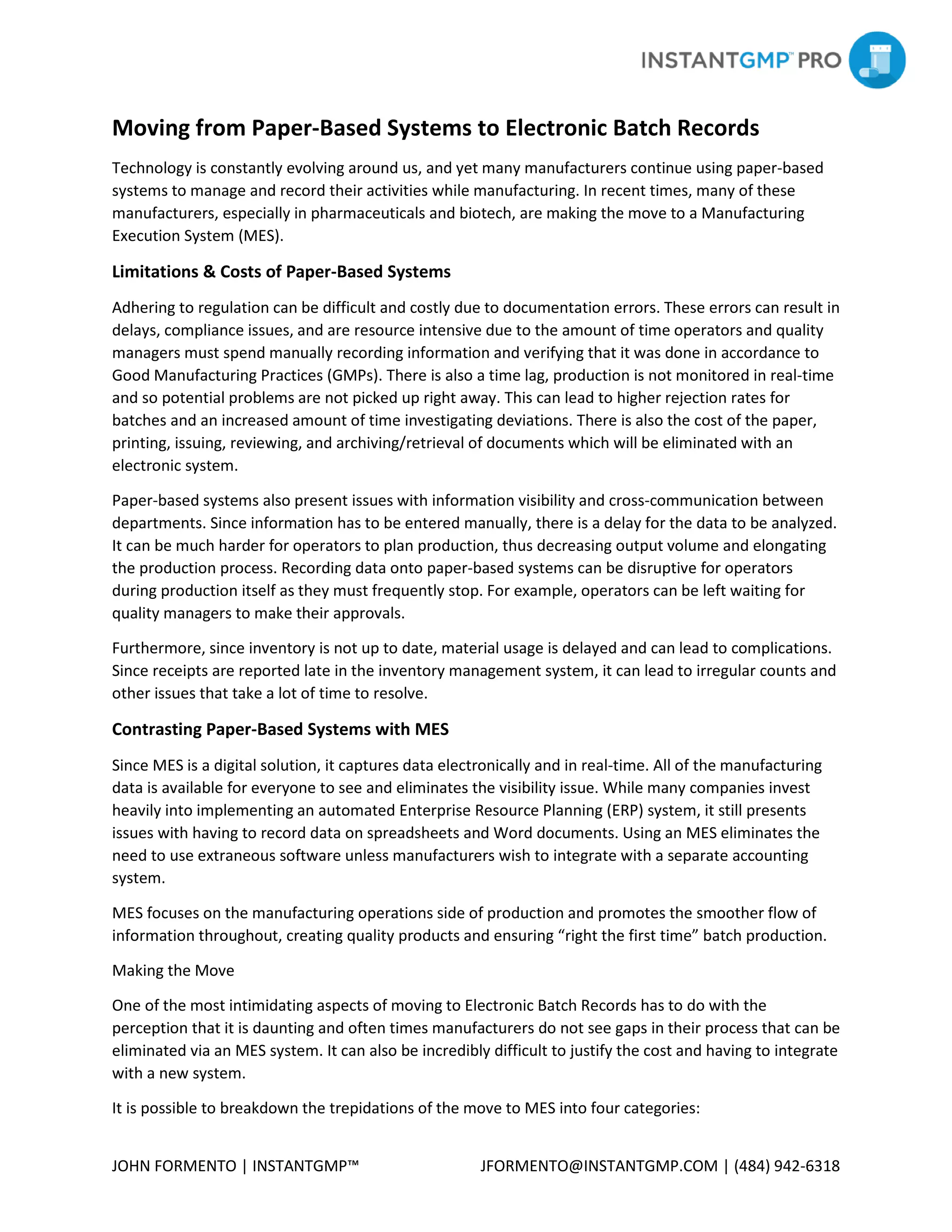 Moving From Paper-Based Systems to Electronic Batch Records ...