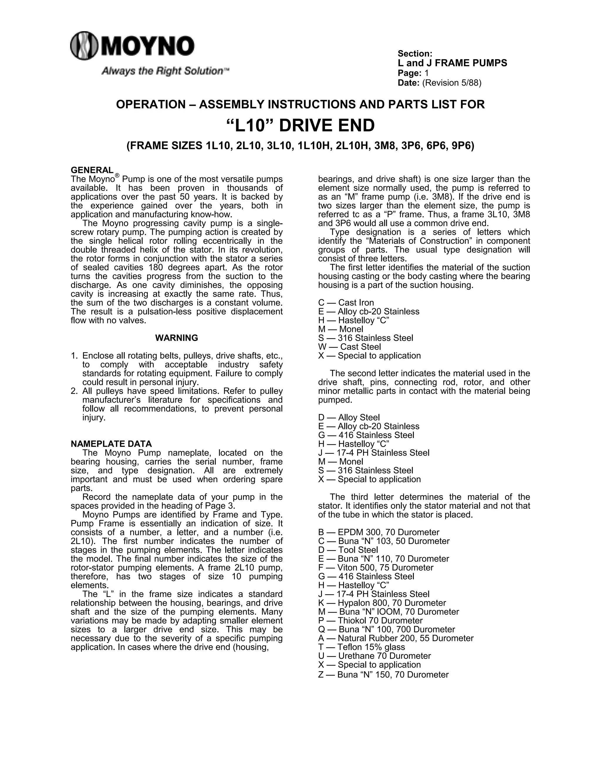 Moyno l10 drive end operations and assembly | PDF
