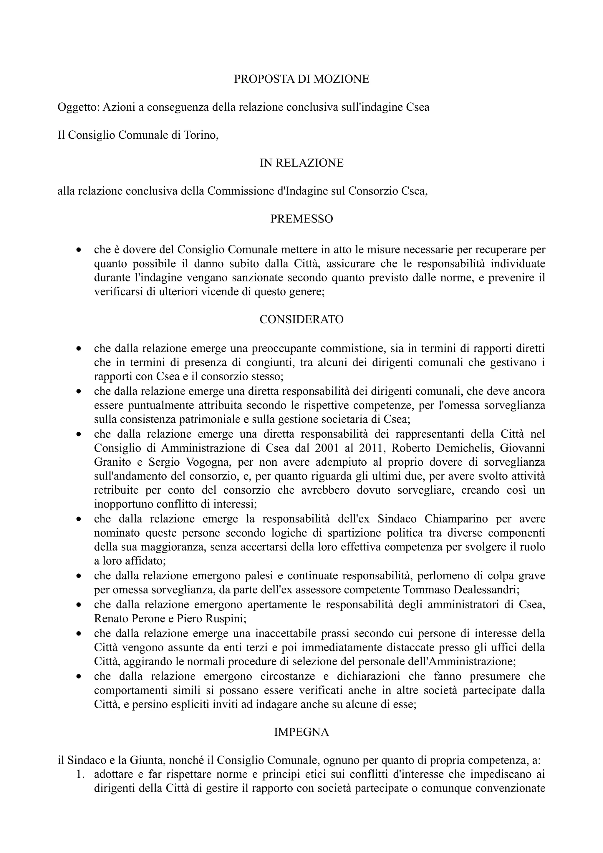 La mozione di minoranza sulla Commssione Csea in Comune di Torino | PDF