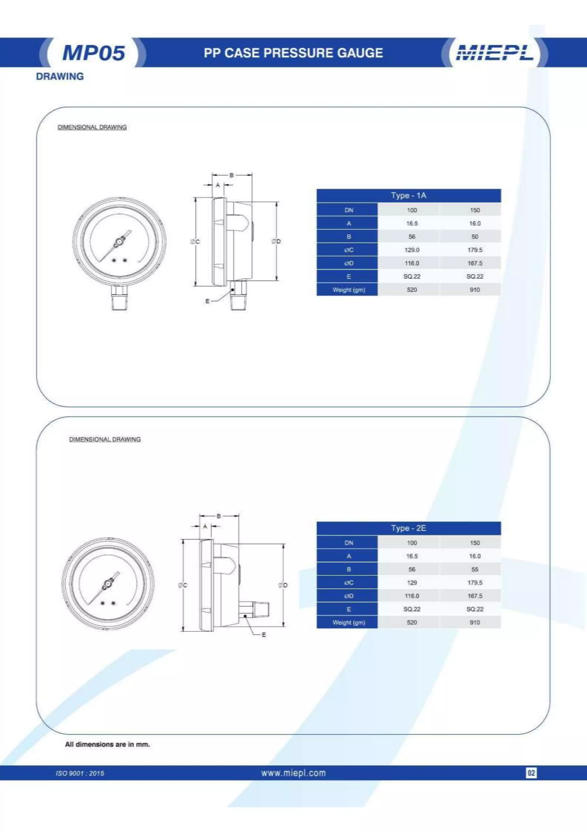 MP05 PP Case Pressure Gauge - Bourdon Tube, Dn100 & Dn150 | Miepl | PPTX