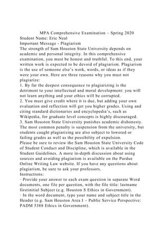 MPA Comprehensive Examination – Spring 2020Student Name Eric .docx