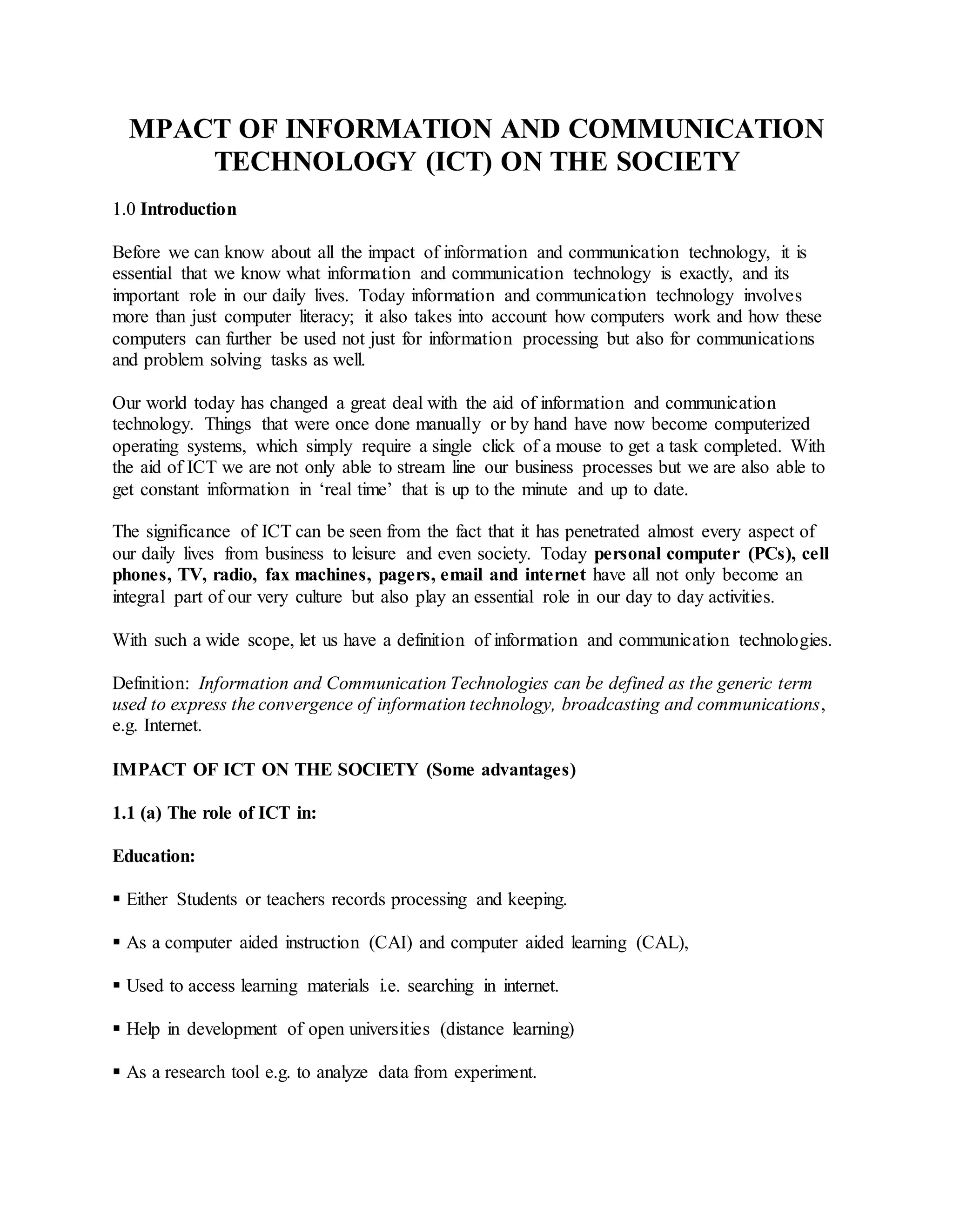 Mpact of information and communication technology (ict) on the society | DOCX | Technology ...
