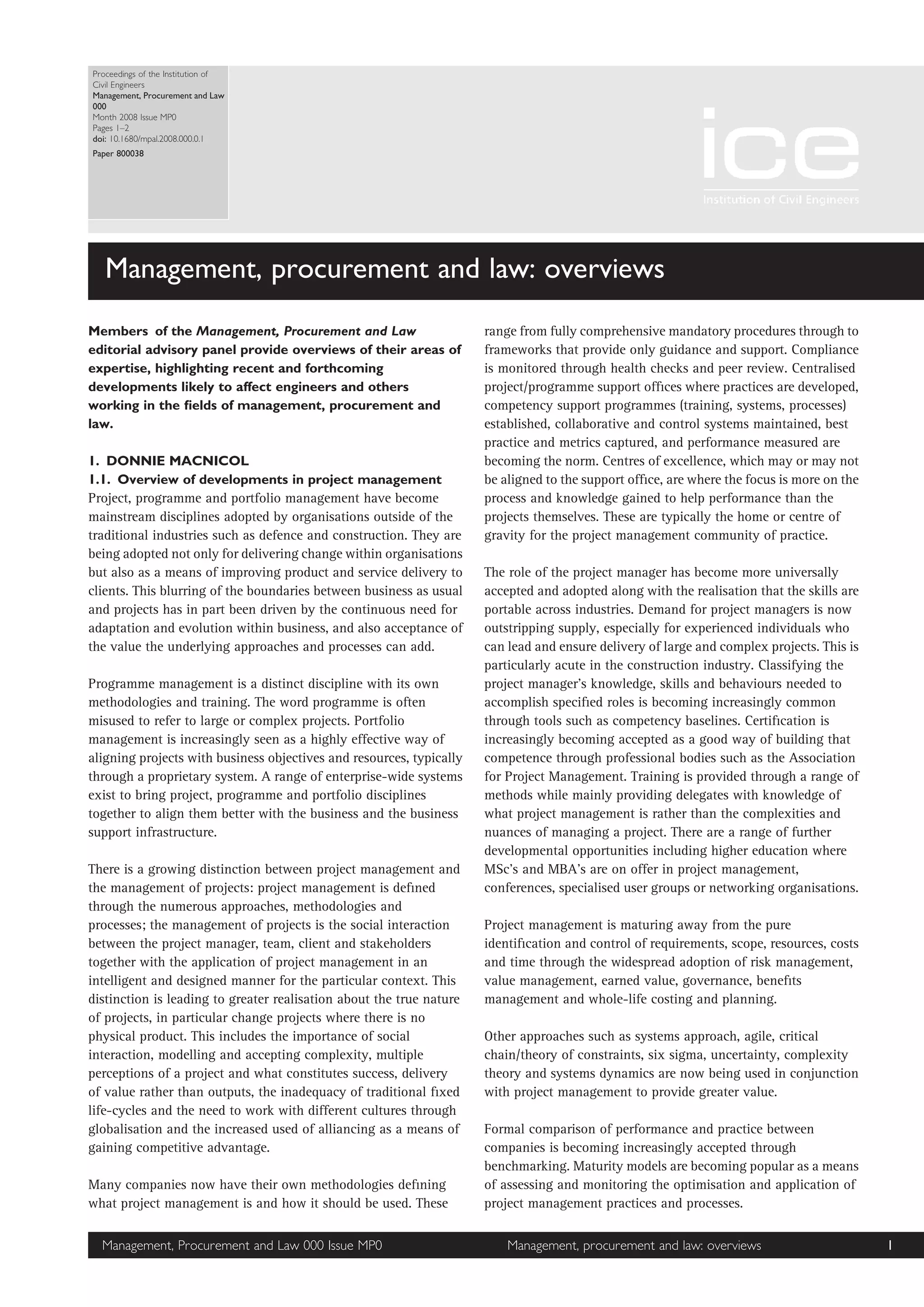 Overview of developments in project management - ICE MPL Proceedings | PDF