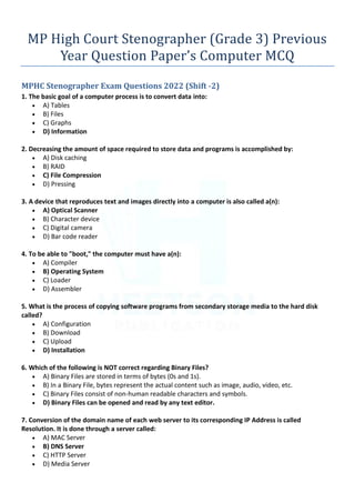 MP High Court Stenographer (Grade 3) Previous Year's Question Paper's ...