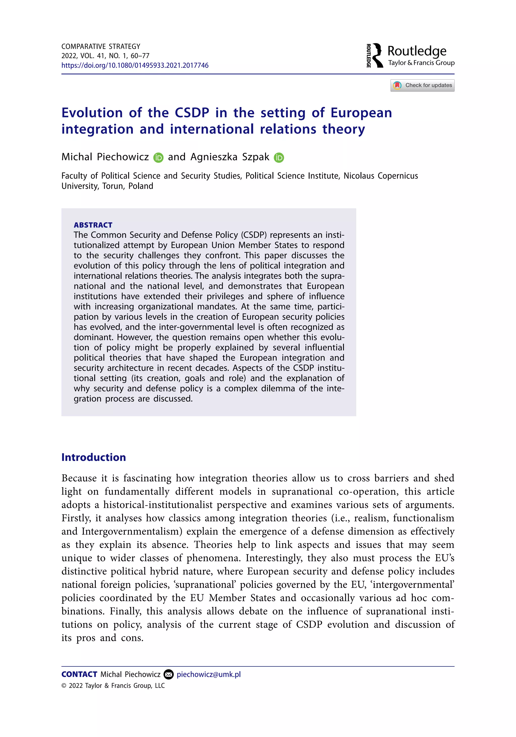 Evolution of the CSDP in the setting of European integration and international relations theory ...