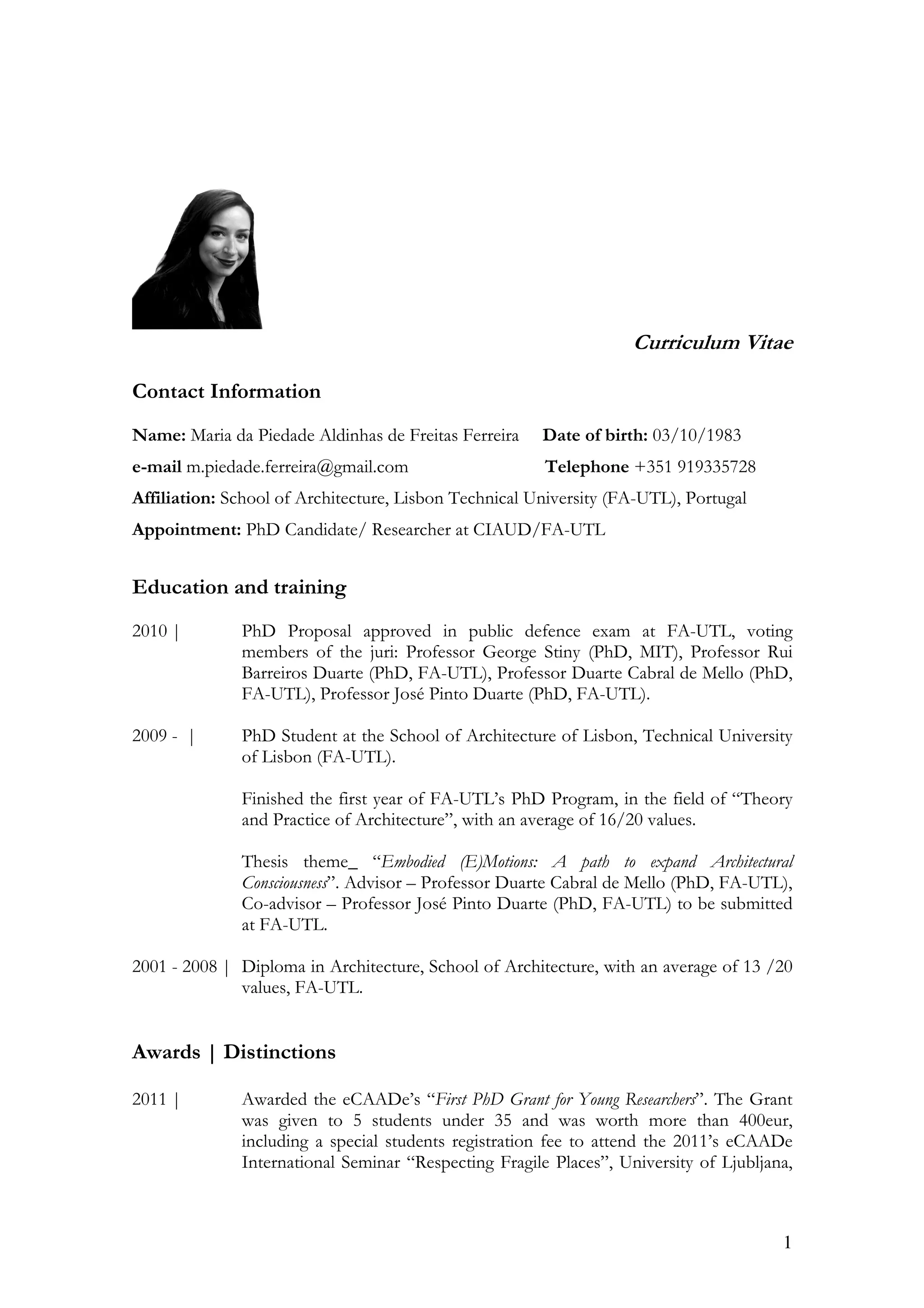 M Piedade Ferreira Curriculum Vitae Sept 2011 | PDF
