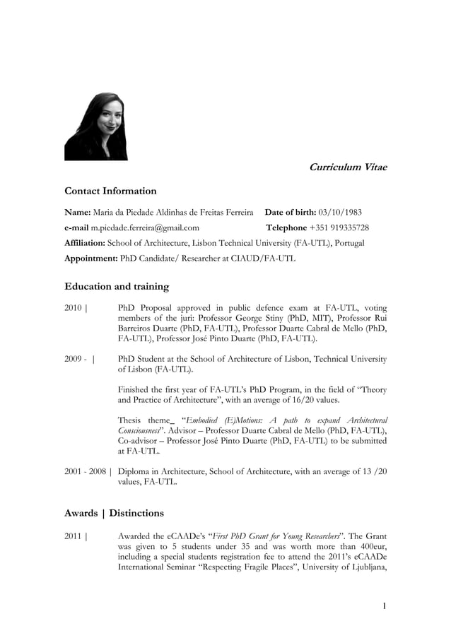 M Piedade Ferreira Curriculum Vitae Sept 2011 | PDF