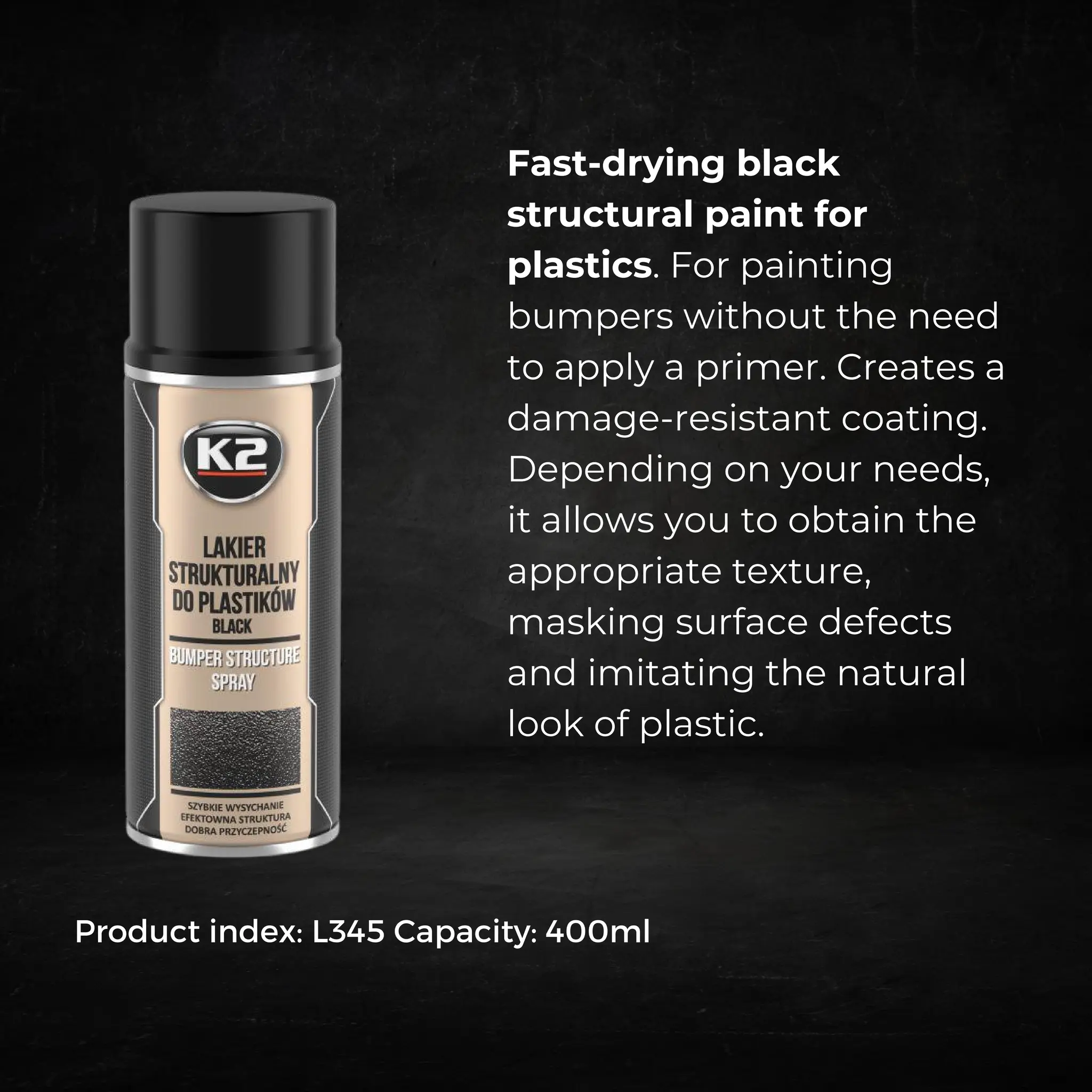 K2 Bumper 400ml - Black structural paint for plastic | L345 | PDF