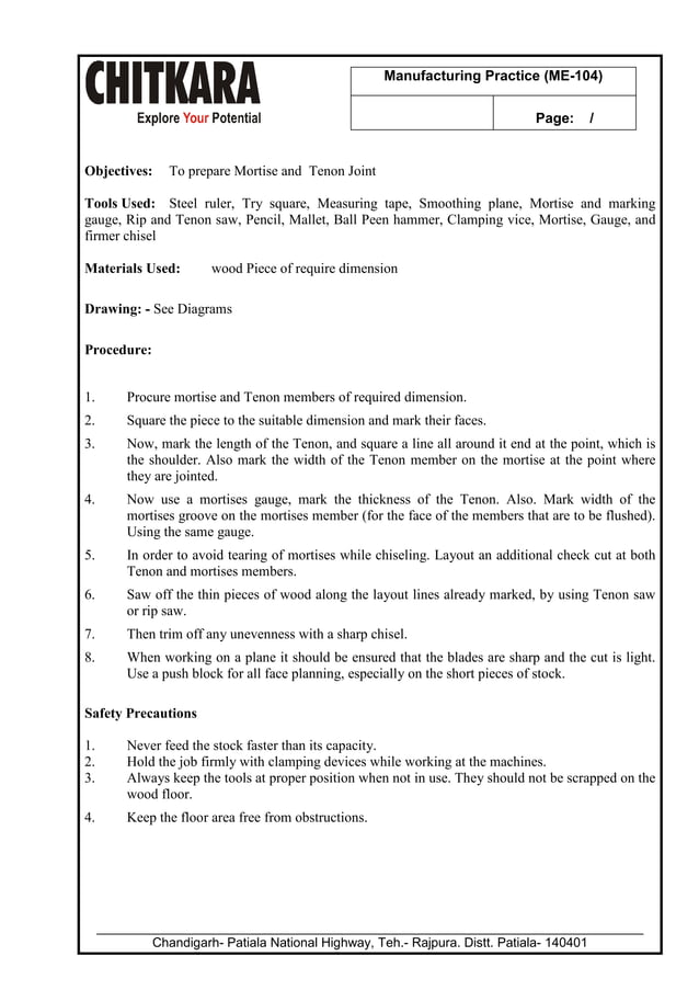 Manufacturing Practice - Lab Manual - B.Tech. - Mechanical Engineering ...