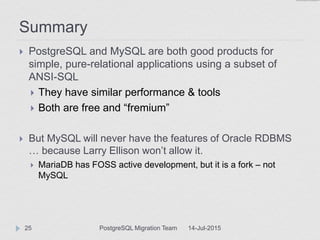 Elephants vs. Dolphins: Comparing PostgreSQL and MySQL for use in the DoD | PPT