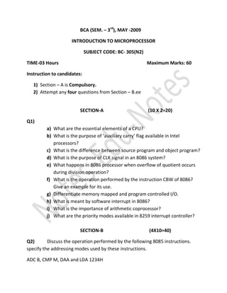 2009 Punjab Technical University B.C.A Microprocessor Question paper | PDF