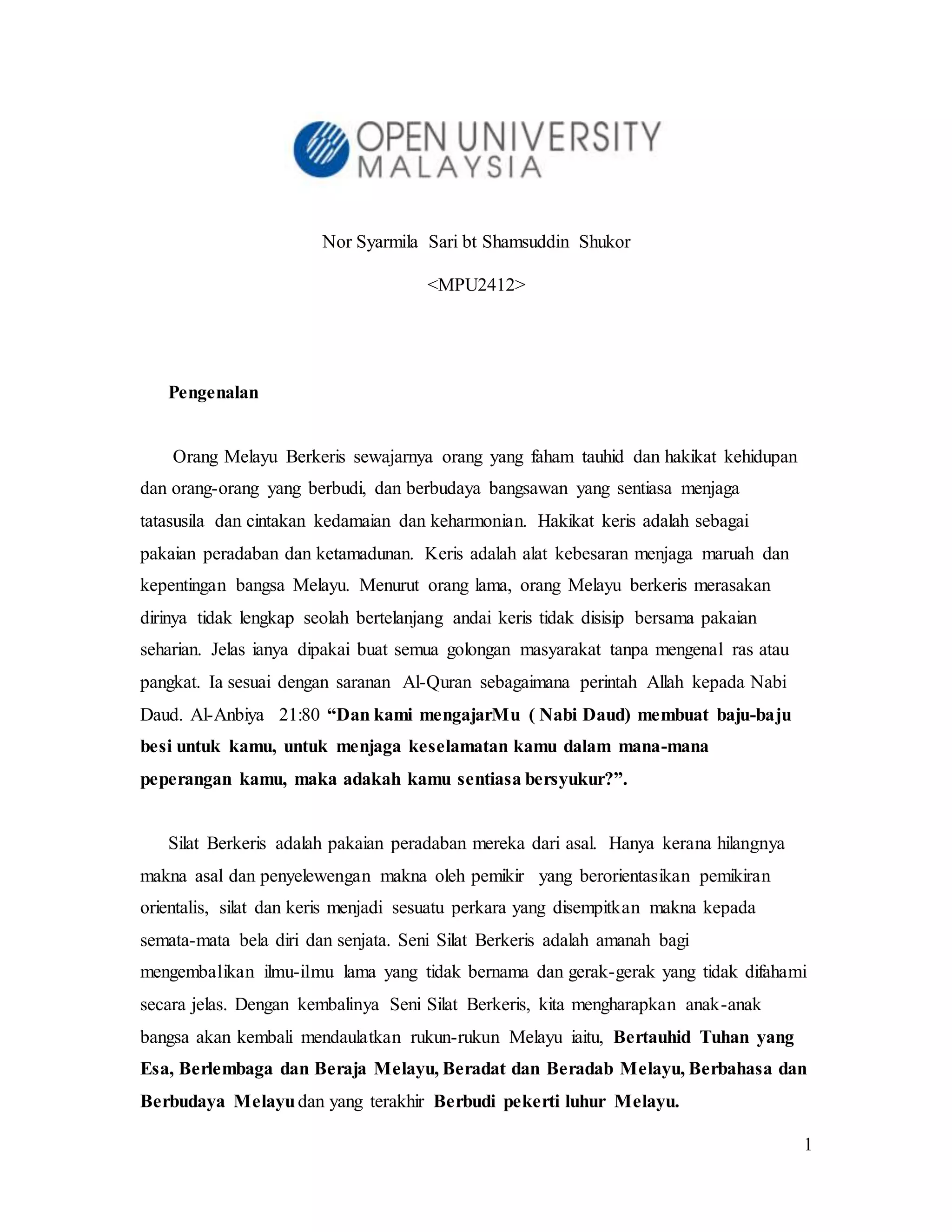 Mpu2412 Seni Silat Berkeris (Nor Syarmila Sari bt Shamsuddin Shukor) | DOC