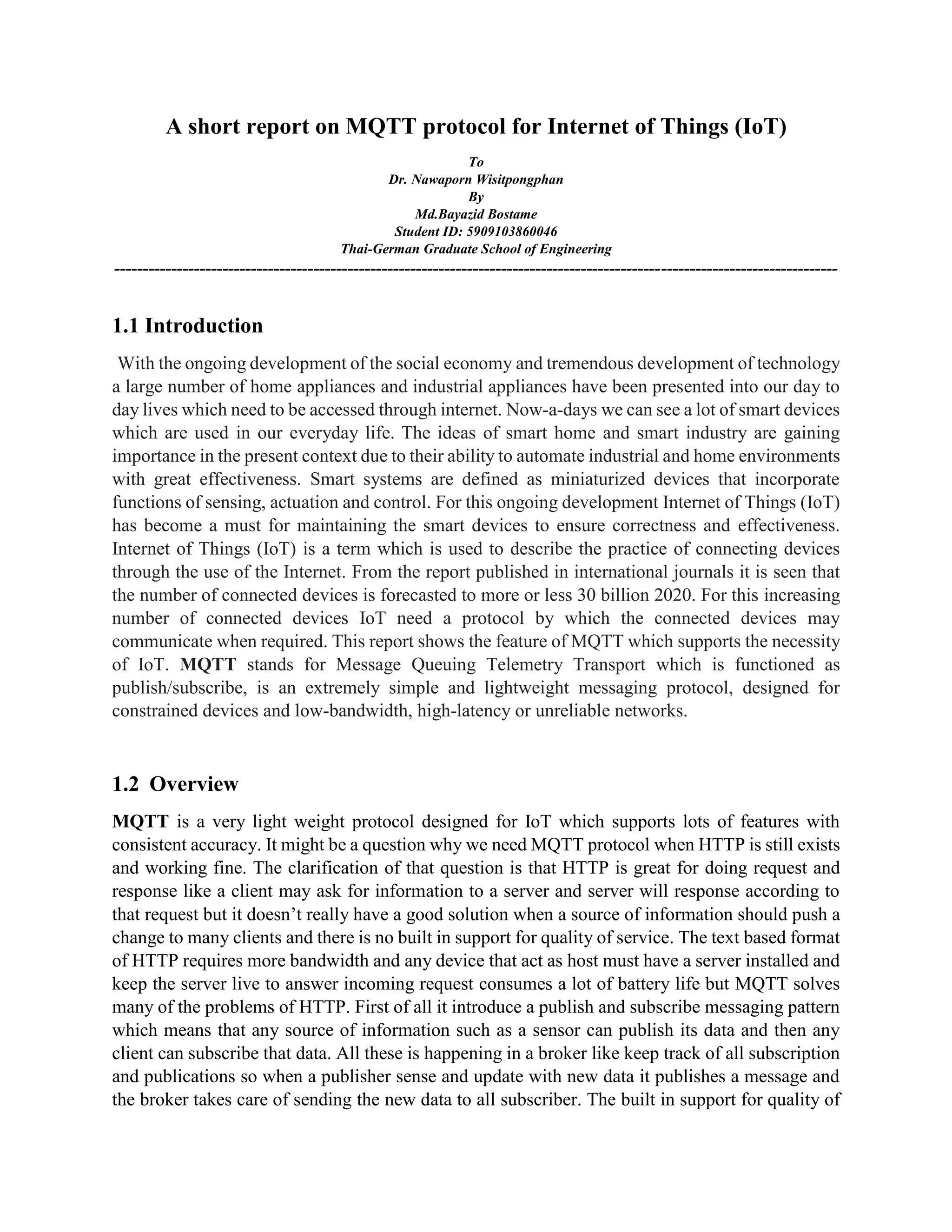 A Short Report on MQTT protocol for Internet of Things(IoT) | PDF | Internet | Computing