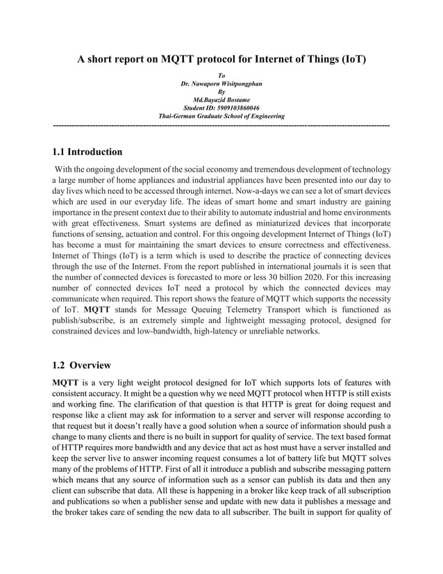 A Short Report on MQTT protocol for Internet of Things(IoT) | PDF | Internet | Computing