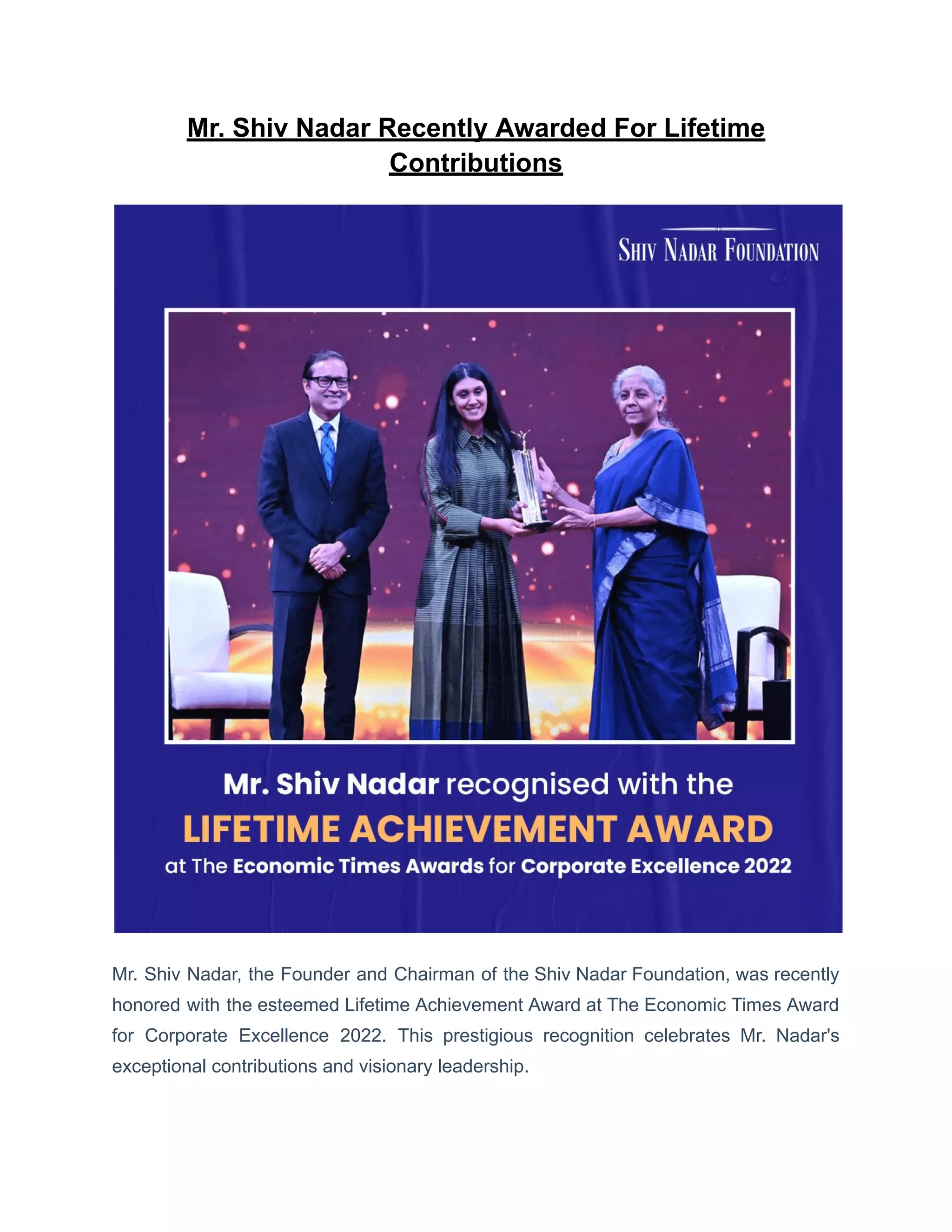 Mr. Shiv Nadar Recently Awarded For Lifetime Contributions | PDF