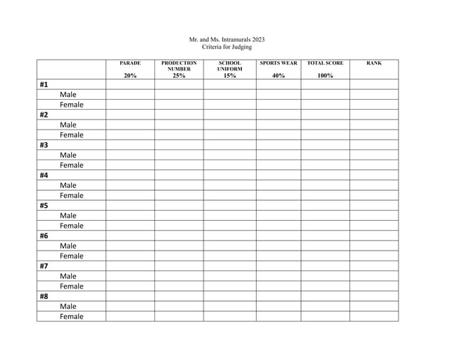 Mr. and Ms. Intramurals 2023-Criteria for Judging.docx | Participant Sports | Fitness and Exercise