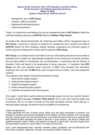 Mr. Tola Speech for CT-English.pdfAppointment of Certificate Awarding | PDF