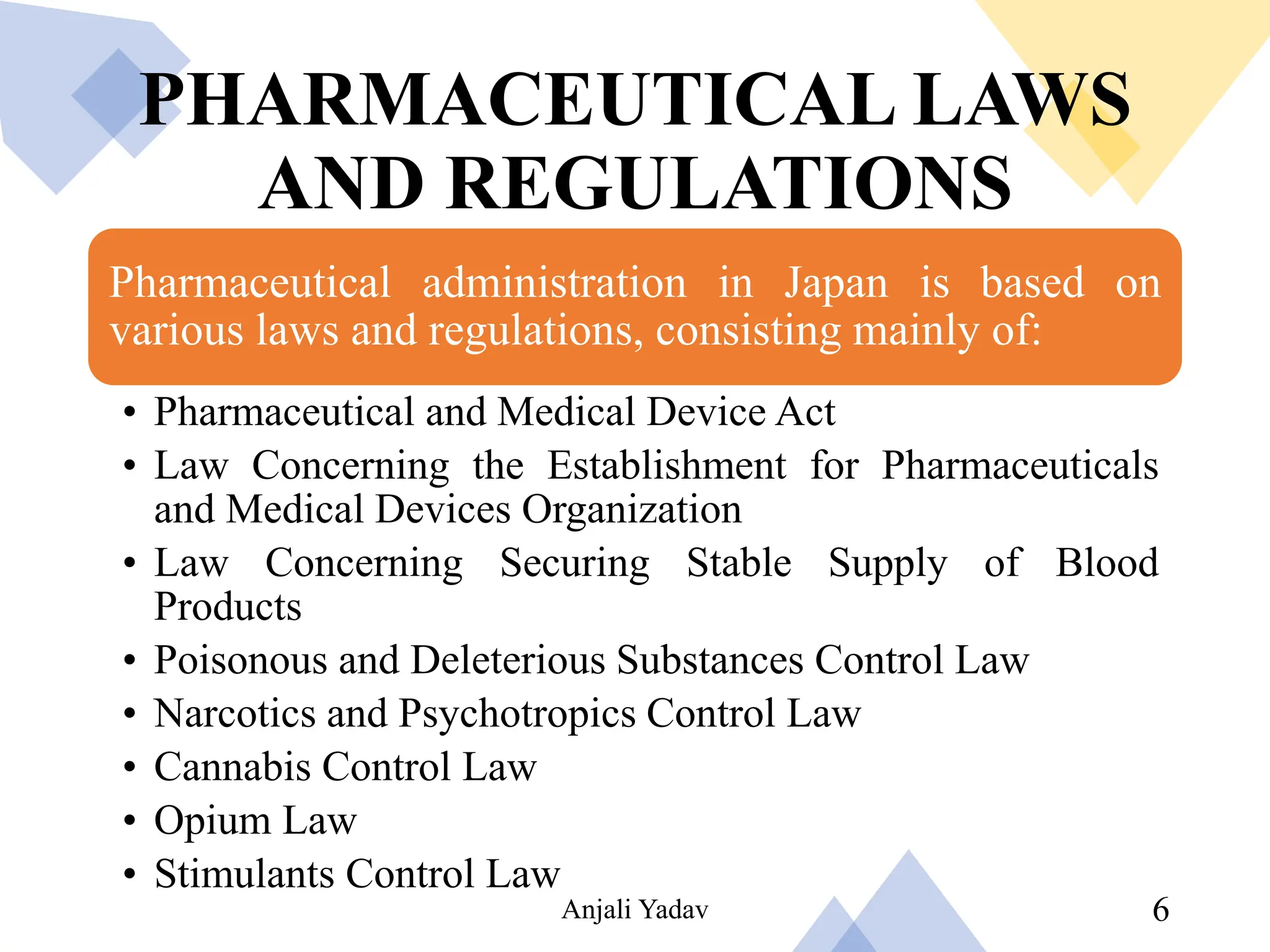 JAPAN: ORGANISATION OF PMDA, PHARMACEUTICAL LAWS & REGULATIONS, TYPES OF REGISTRATION ...