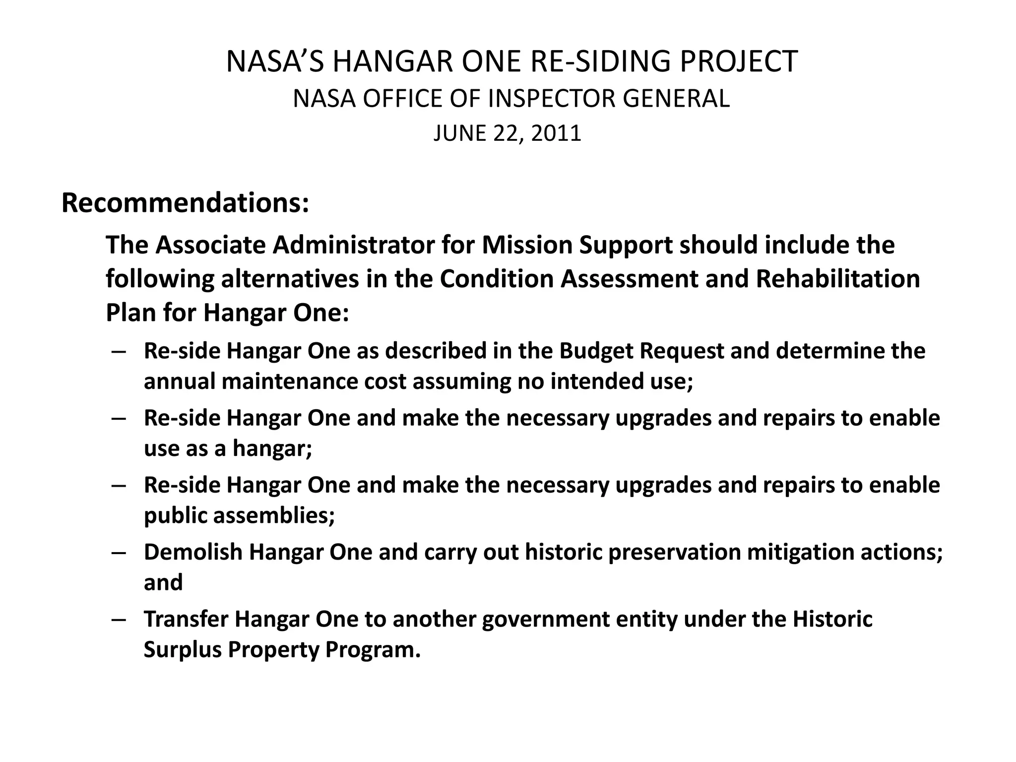 Moffett Restoration Advisory Board Hangar One Re-Siding Project NASA ...