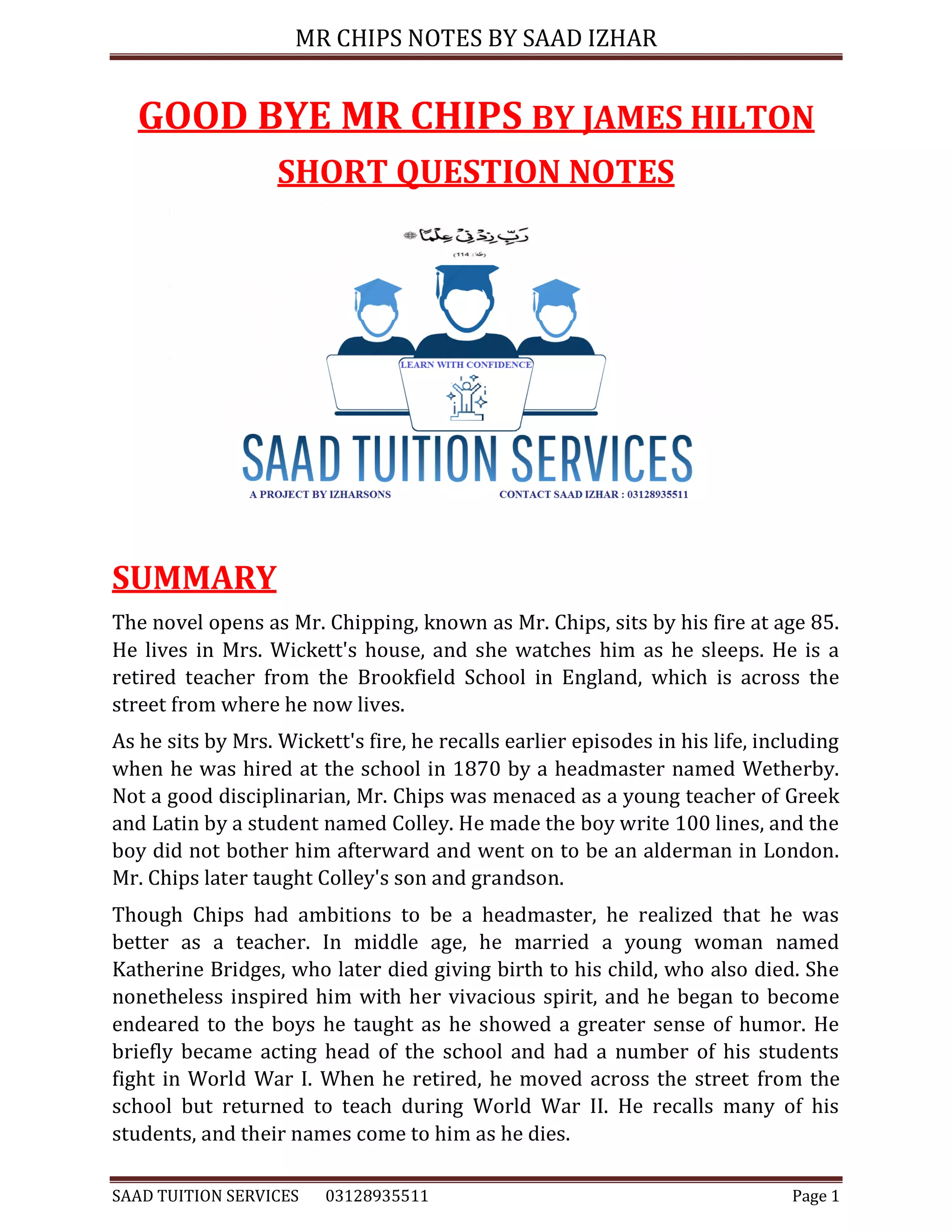 Mr chips notes by saad izhar, SECOND YEAR | PDF