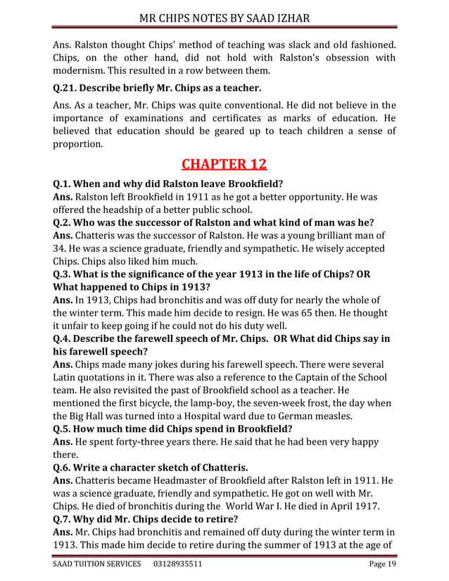 Mr chips notes by saad izhar, SECOND YEAR | PDF