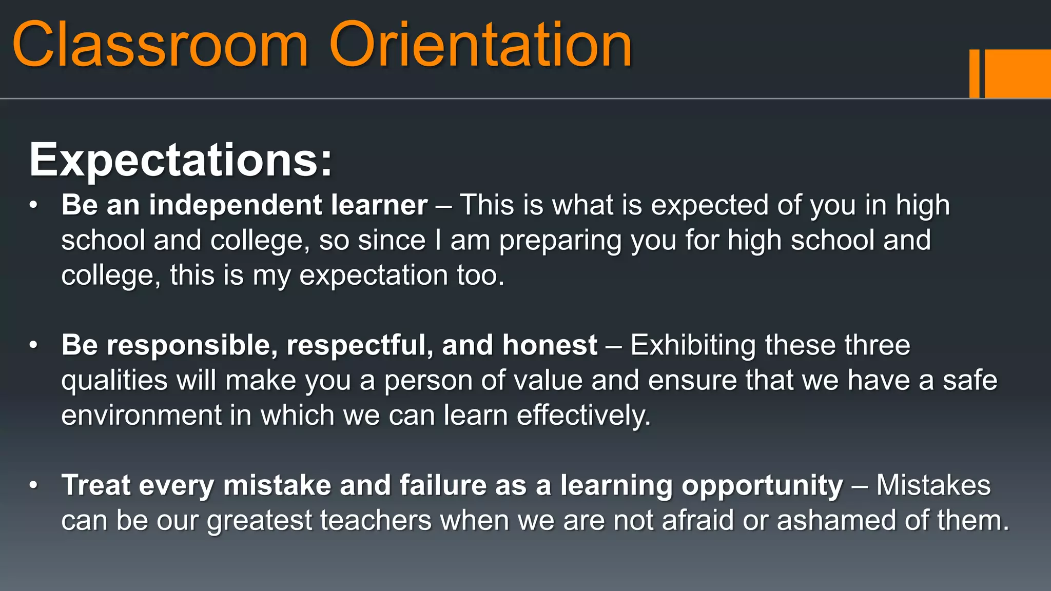 Mr cox's classroom orientation | PPTX | Secondary Education | Education