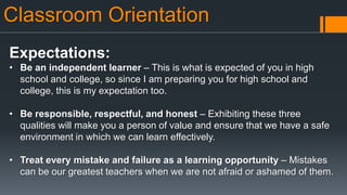 Mr cox's classroom orientation | PPTX | Secondary Education | Education
