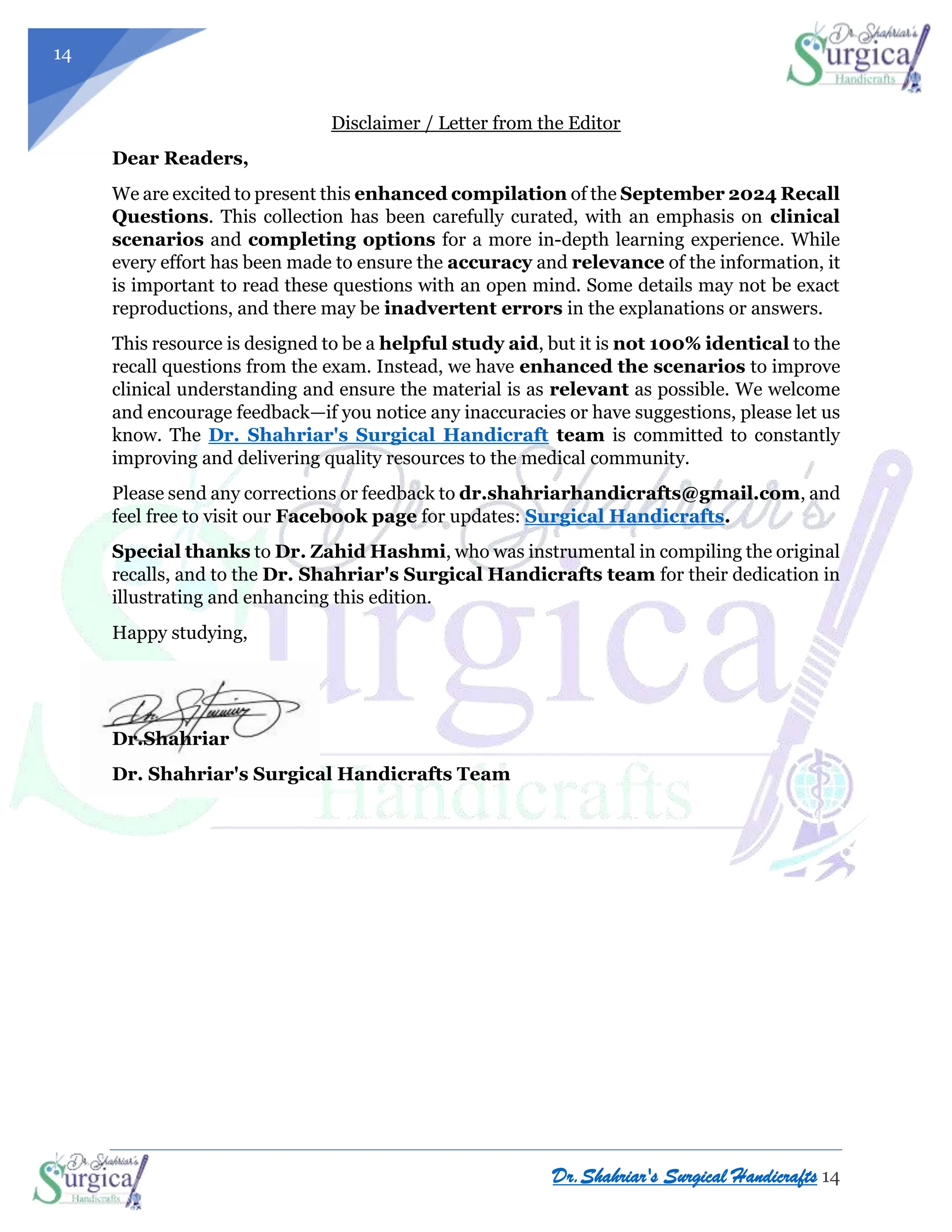 MRCS Recall September 2024 @ Dr.Shahriars Surgical Handicrafts | PDF