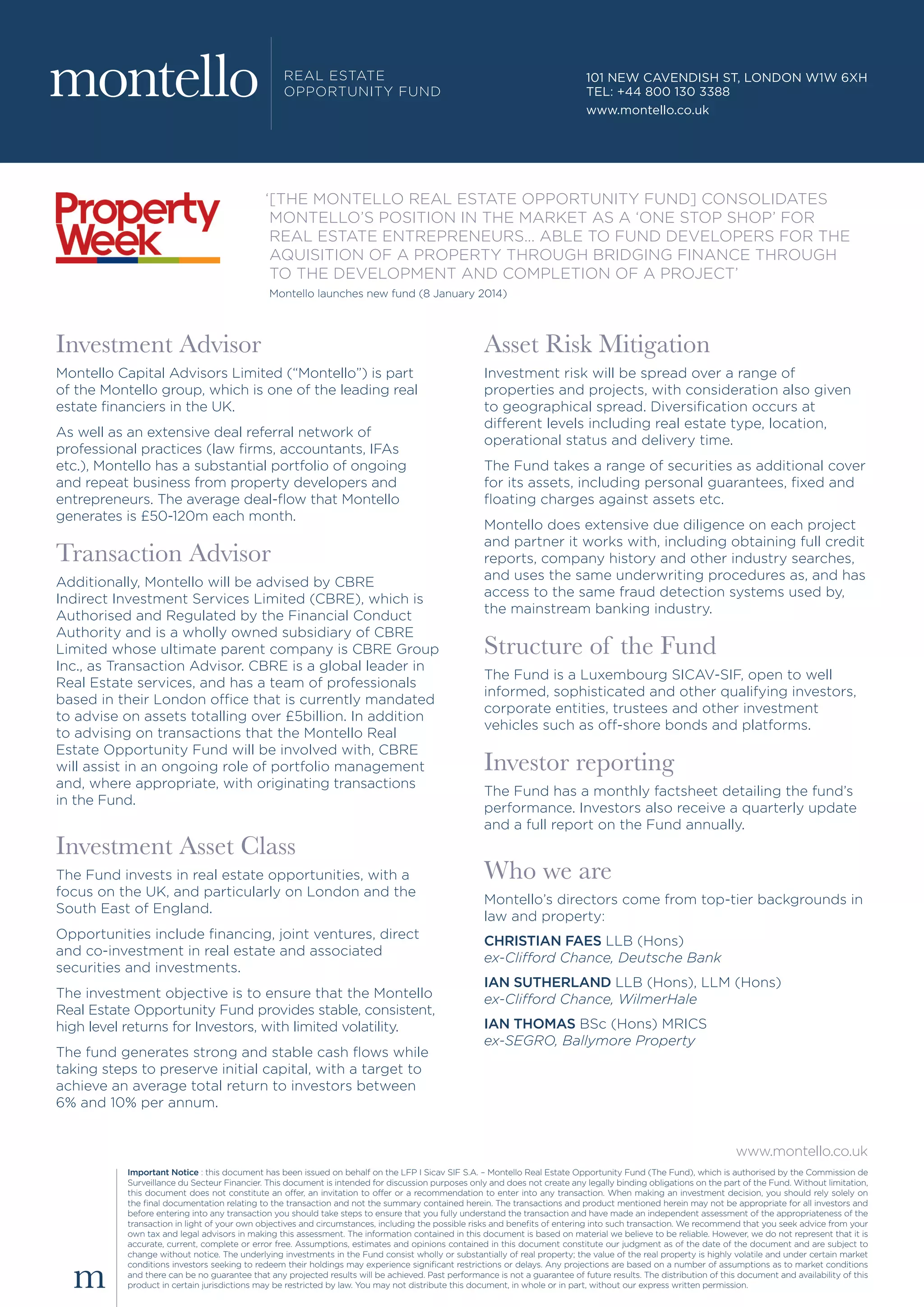 Montello Real Estate Opportunity Fund Institutional June Factsheet | PDF