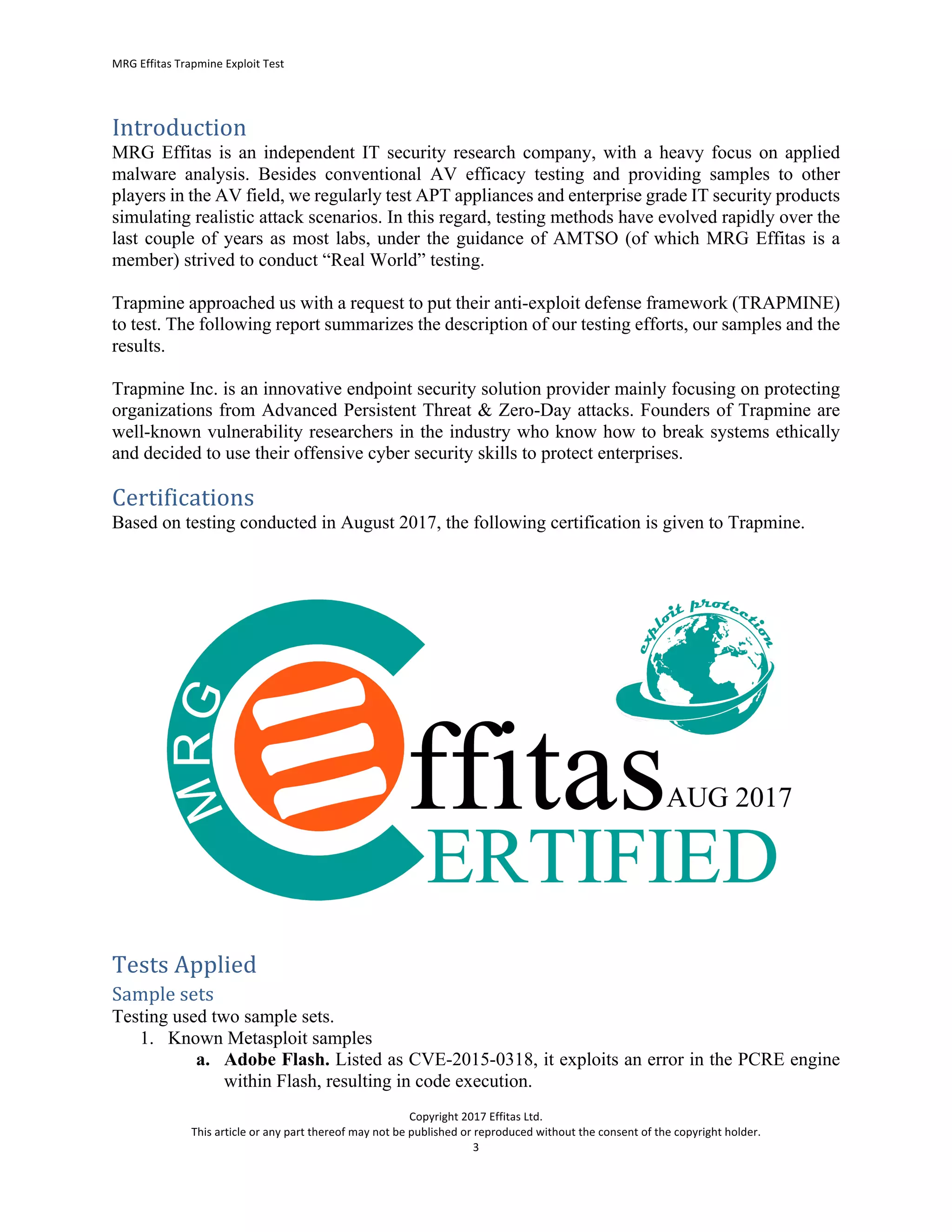 MRG Effitas certification for TRAPMINE | PDF