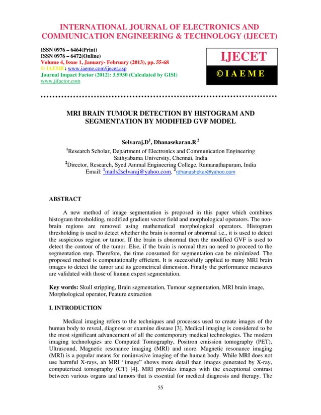 Mri brain tumour detection by histogram and segmentation by modified gvf model 2 | PDF
