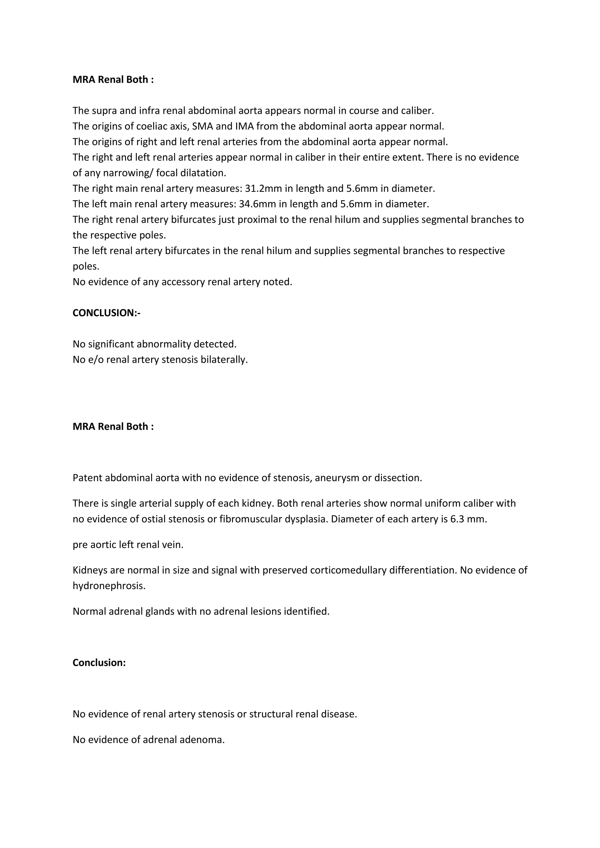 MRI renal angiogram reported document for template. | DOCX