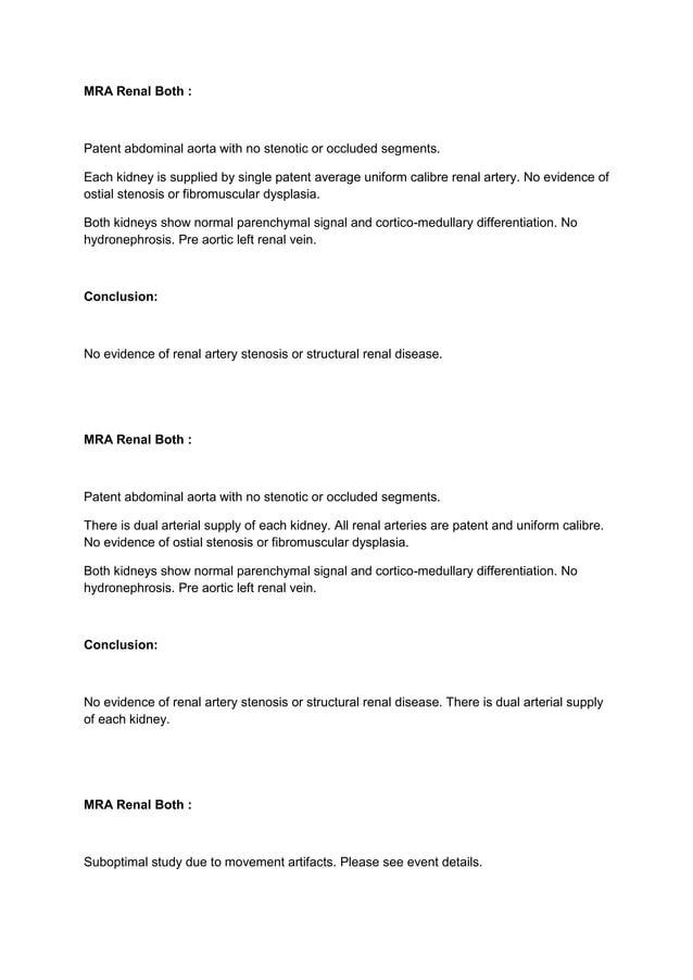 MRI renal angiogram reported document for template. | DOCX