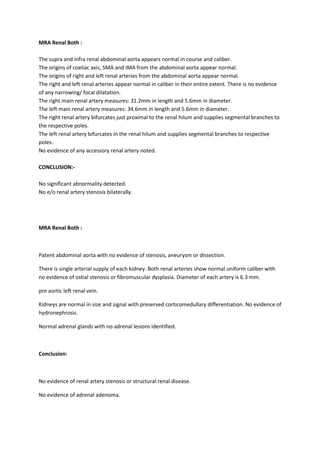 MRI renal angiogram reported document for template. | PDF