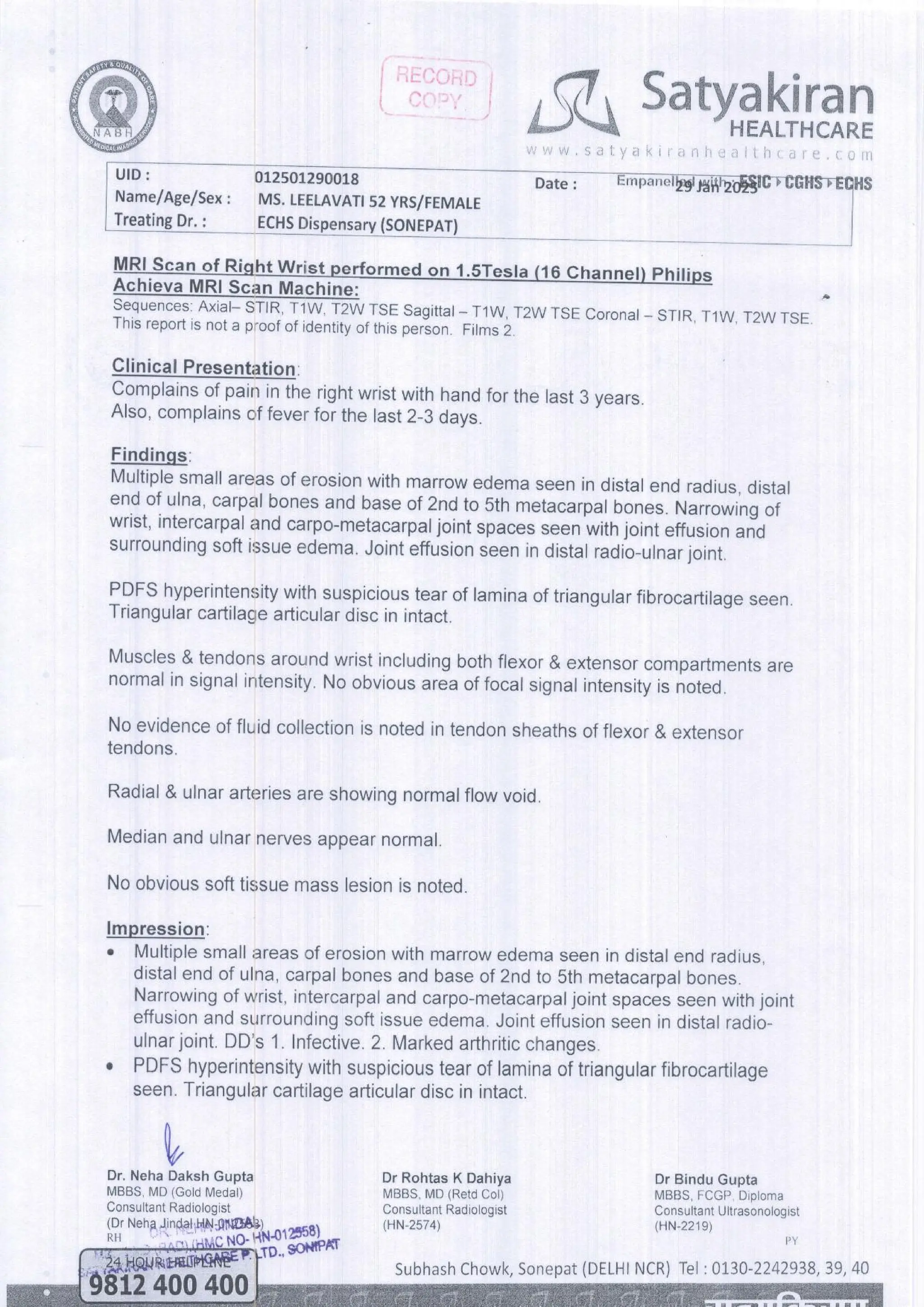 MRI Wrist.pdf patient complaining of pain wrst joint and weakness hand | PDF