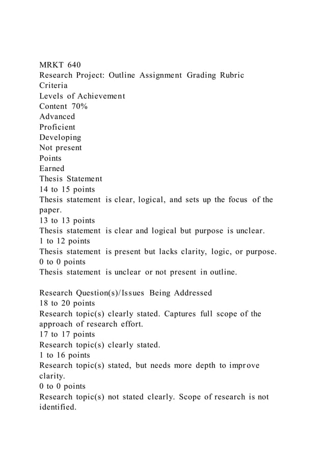 Mrkt 640 research project outline assignment grading rubriccri | PDF