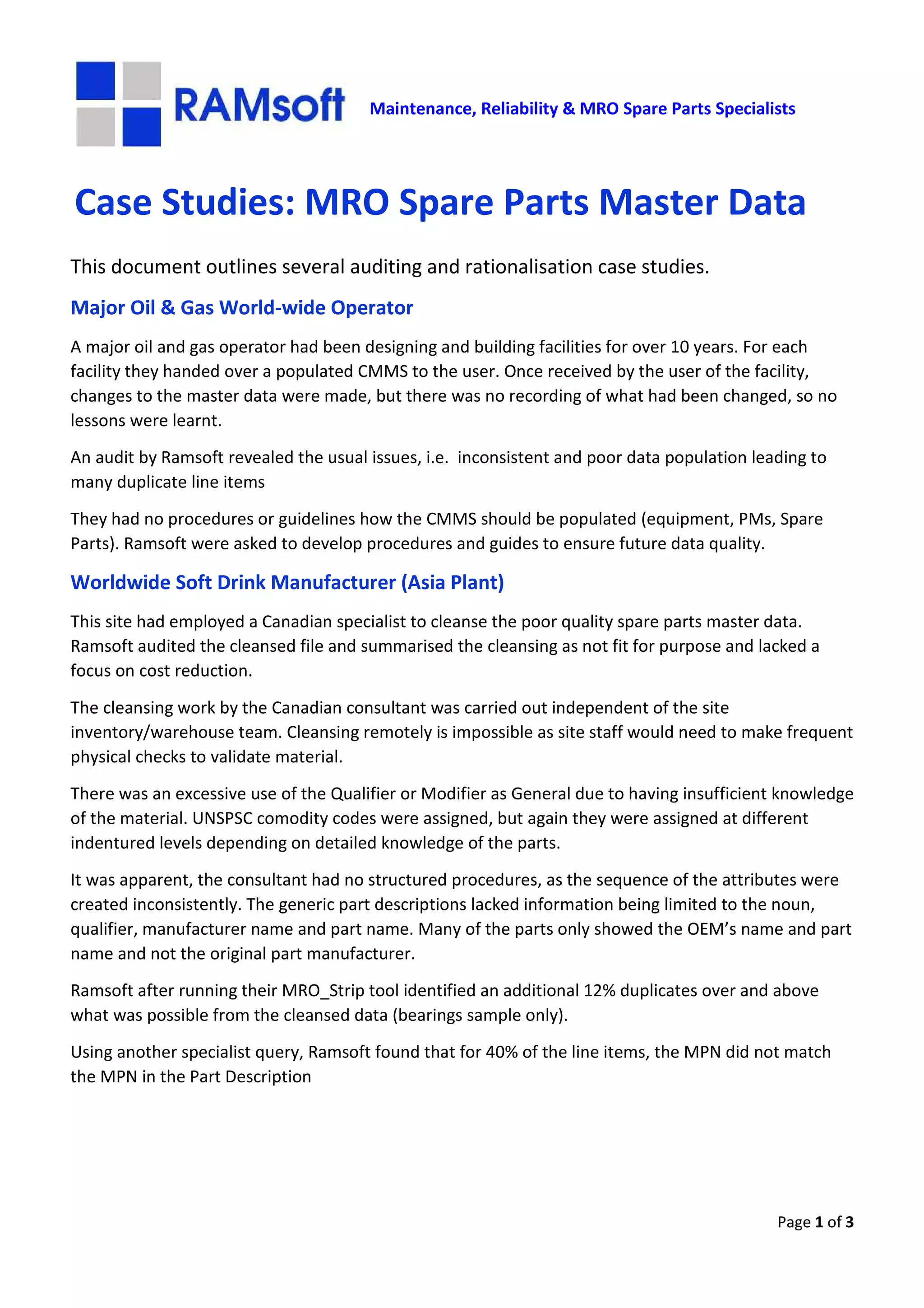 MRO spare part case studies master data | PDF