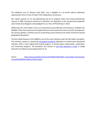 Mrs. Kiran Nadar Honored with France’s Highest Civilian Award | PDF