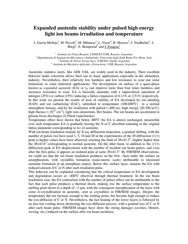 Expanded austenite stability under pulsed high energy light ion beams irradiation and ...