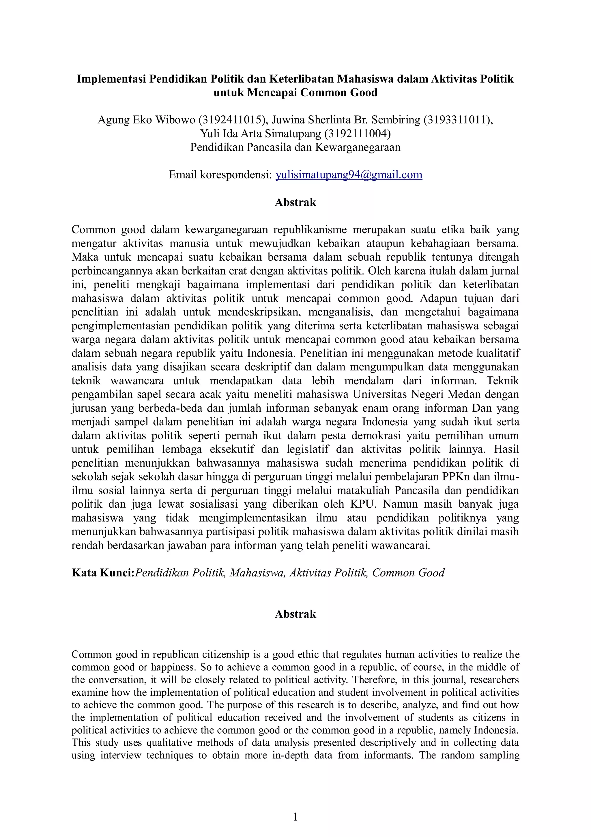 Implementasi Pendidikan Politik dan Keterlibatan Mahasiswa dalam Aktivitas Politik untuk ...